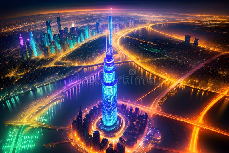 Image of the Colorful Night City Skyscraper Landscape Illuminated ...