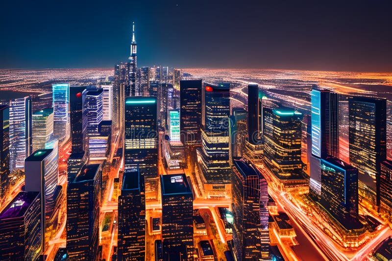 Image of the Colorful Night City Skyscraper Landscape Illuminated ...