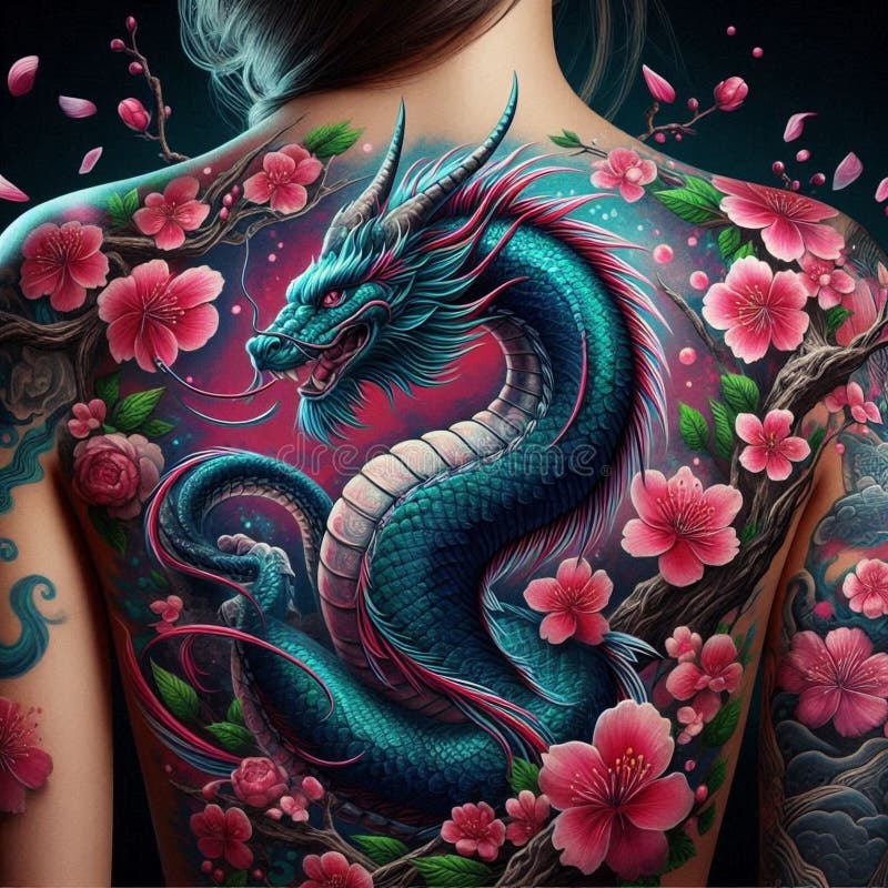 A Full Back Tattoo of a Celtic Dragon and Cherry Blossoms. Stock ...