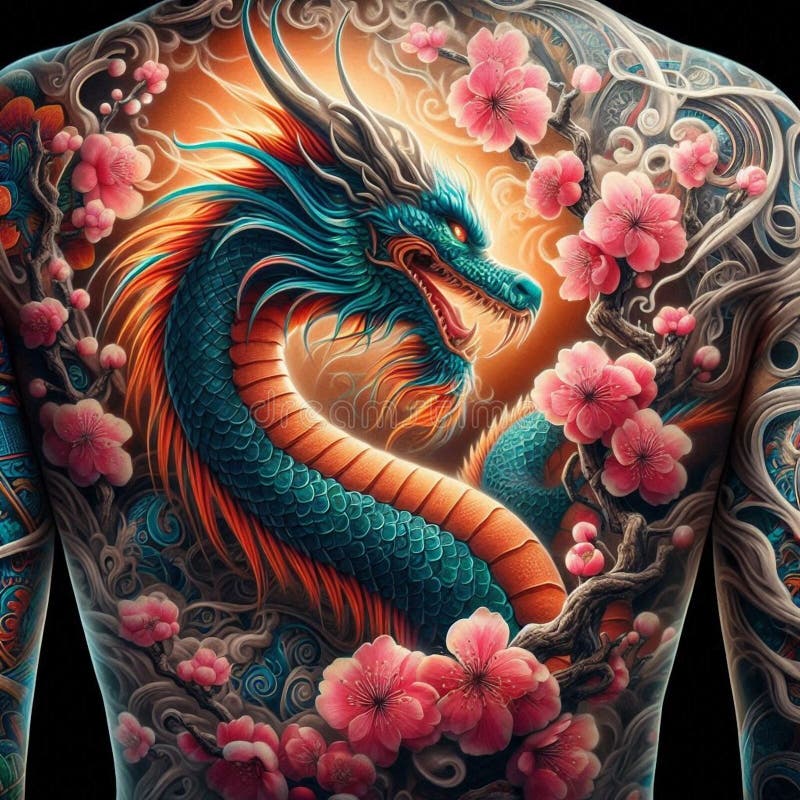 A Full Back Tattoo of a Celtic Dragon and Cherry Blossoms. Stock ...