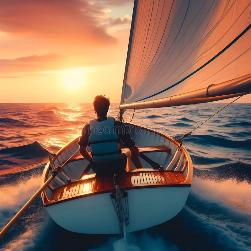 Back View Action Images of a Small Boat on a River Sailing into the ...