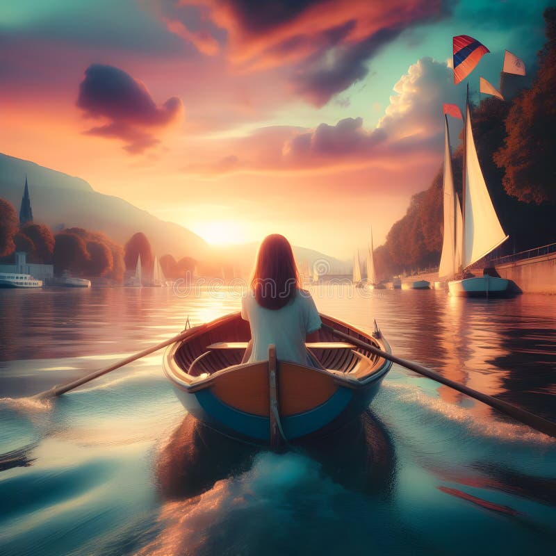 Back View Action Images of a Small Boat on a River Sailing into the ...