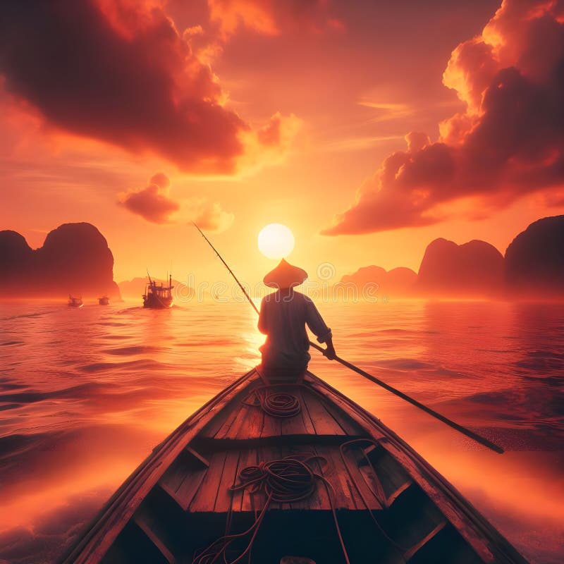 Back View Action Images of a Small Boat on a River Sailing into the ...