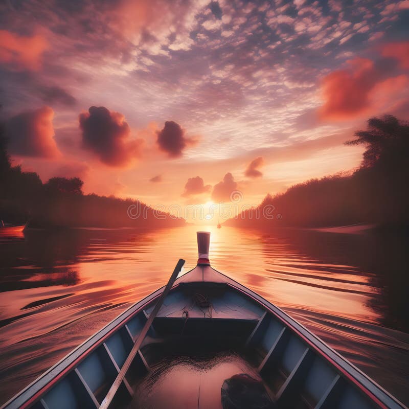 Back View Action Images of a Small Boat on a River Sailing into the ...