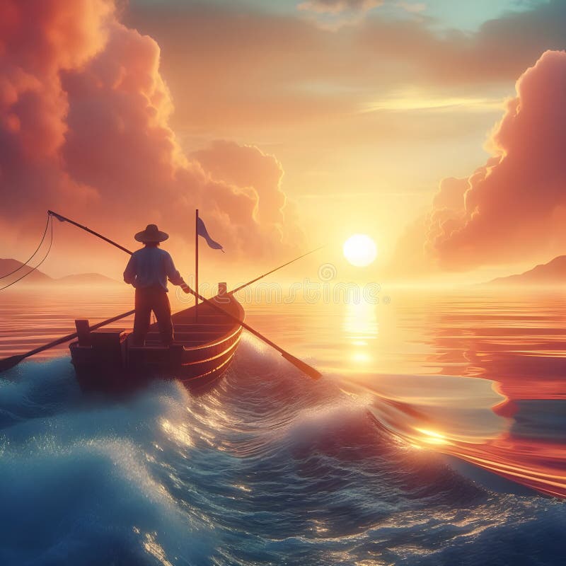 Back View Action Images of a Small Boat on a River Sailing into the ...