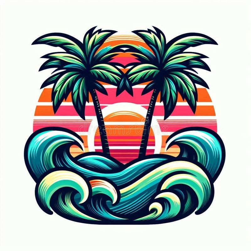 Two Palm Trees Sprouting from the Colorful Tropical Island. Stock ...