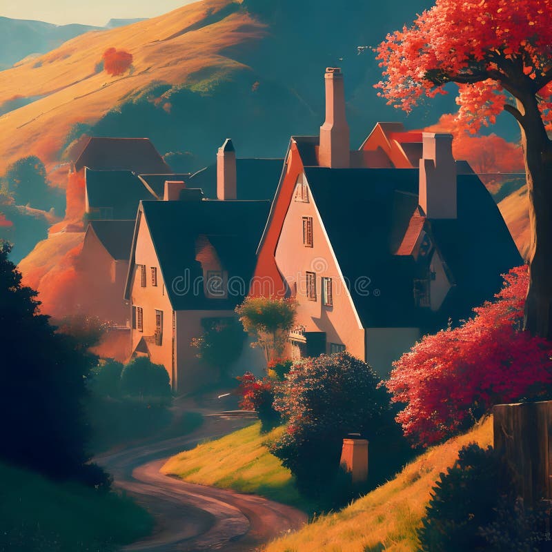 Painterly Image of an English Whimsical Village on a Hill in Old Time ...