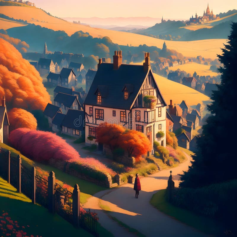 Painterly Image of an English Whimsical Village on a Hill in Old Time ...
