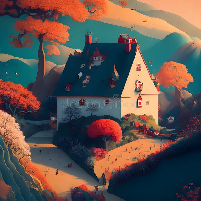 Painterly Image of an English Whimsical Village on a Hill in Old Time ...