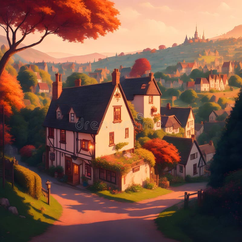 Painterly Image of an English Whimsical Village on a Hill in Old Time ...
