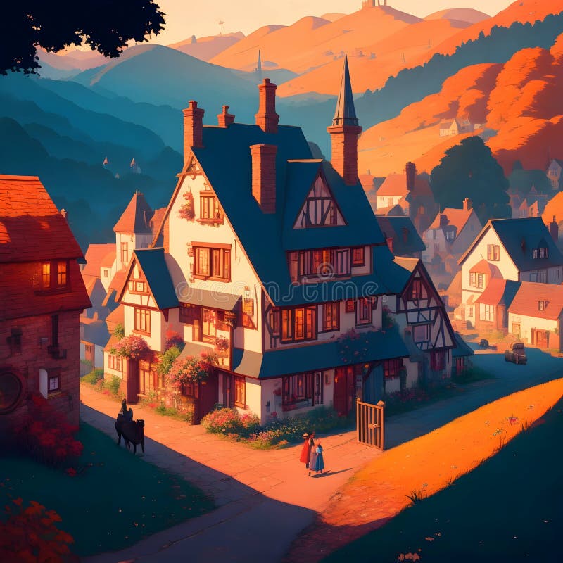 Painterly Image of an English Whimsical Village on a Hill in Old Time ...