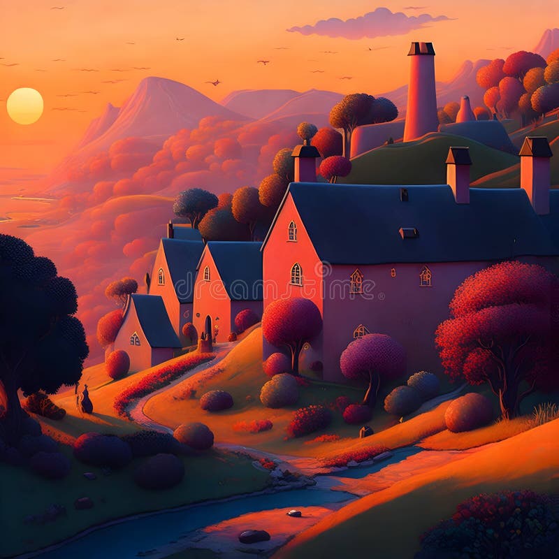 Painterly Image of an English Whimsical Village on a Hill in Old Time ...