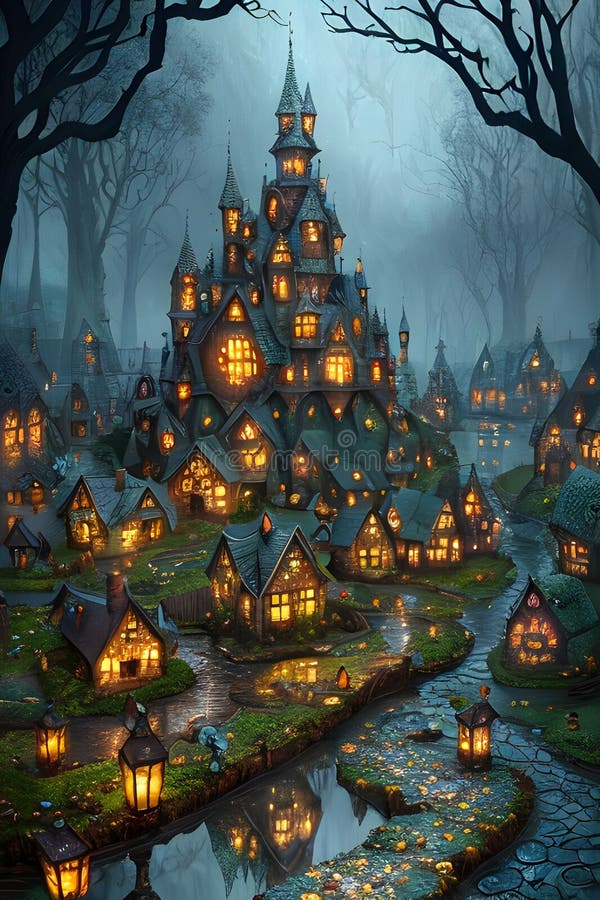 Painterly Image of an English Whimsical Village on a Hill in Old Time ...