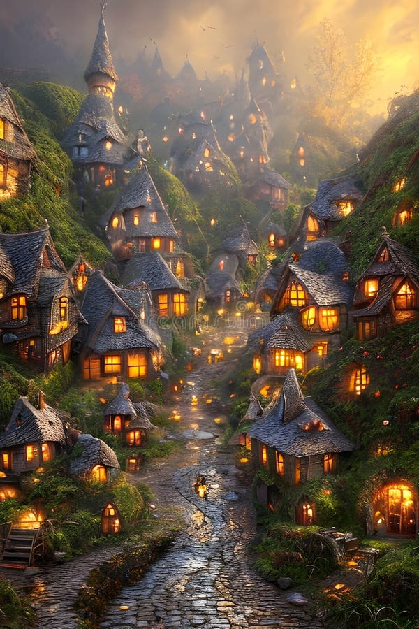 Painterly Image of an English Whimsical Village on a Hill in Old Time ...
