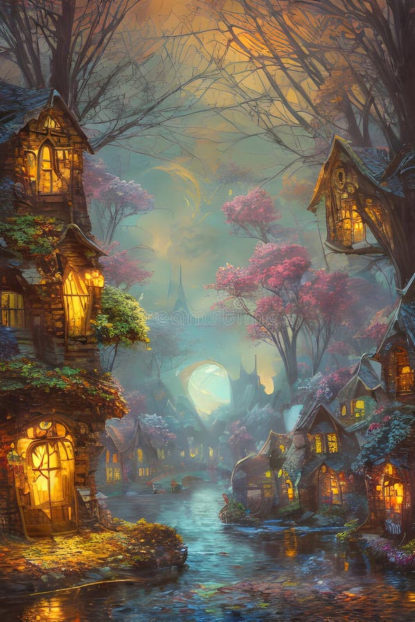 Painterly Image of an English Whimsical Village on a Hill in Old Time ...