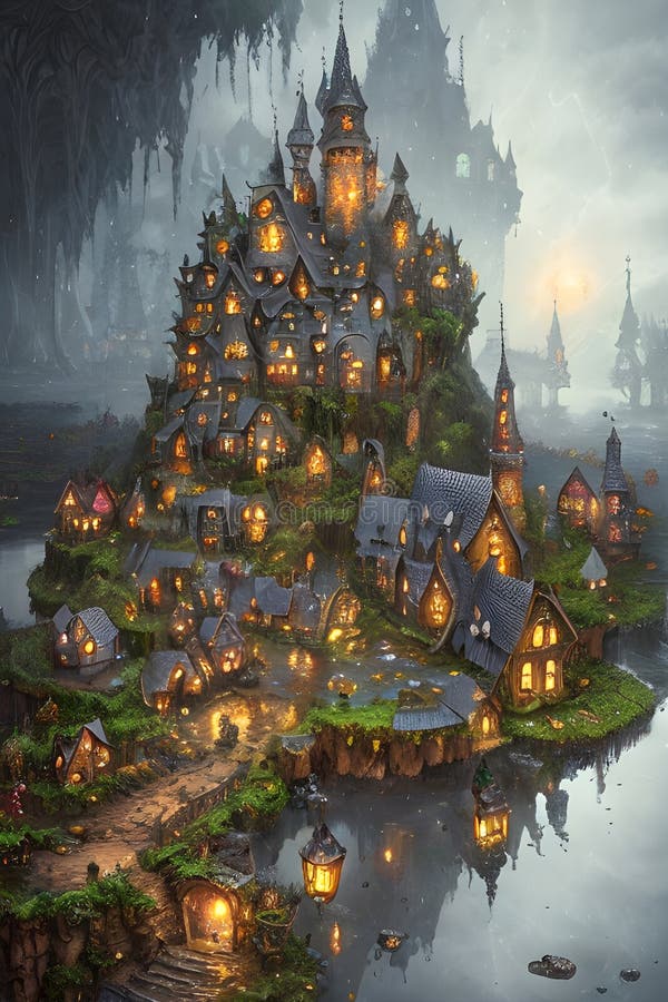 Painterly Image of an English Whimsical Village on a Hill in Old Time ...