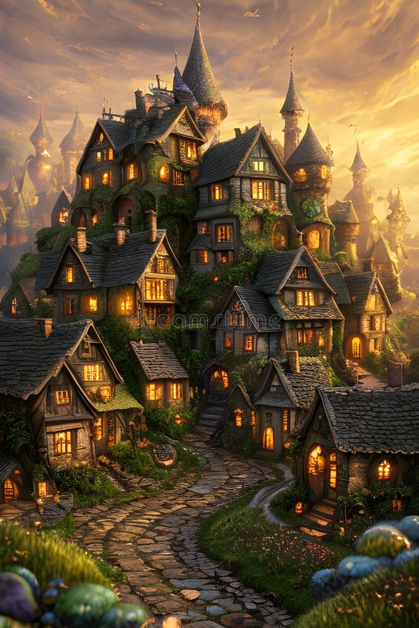 Painterly Image of an English Whimsical Village on a Hill in Old Time ...