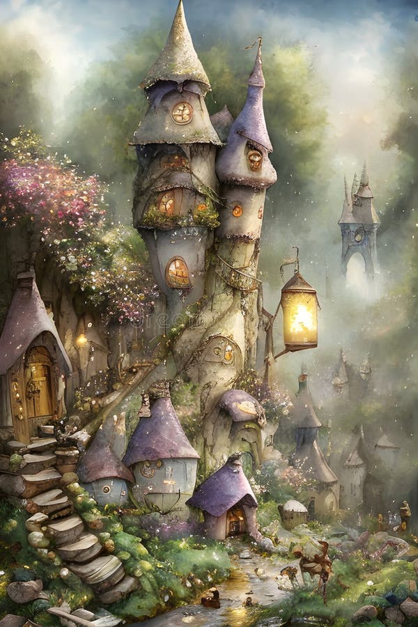 Painterly Image of an English Whimsical Village on a Hill in Old Time ...