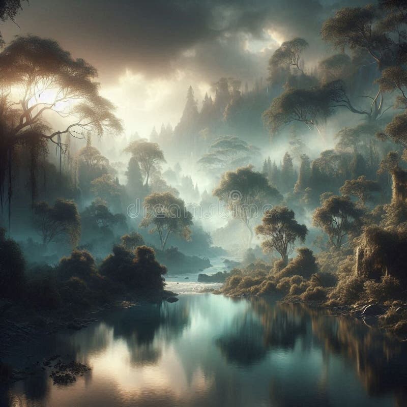 Ethereal Landscape Image of a River Passing through the Thick Tree and ...
