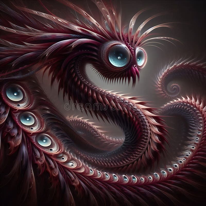 A Colored Feathered Alien Creature Coiled Like a Cobra with Big Pale Eyes. Stock Illustration ...