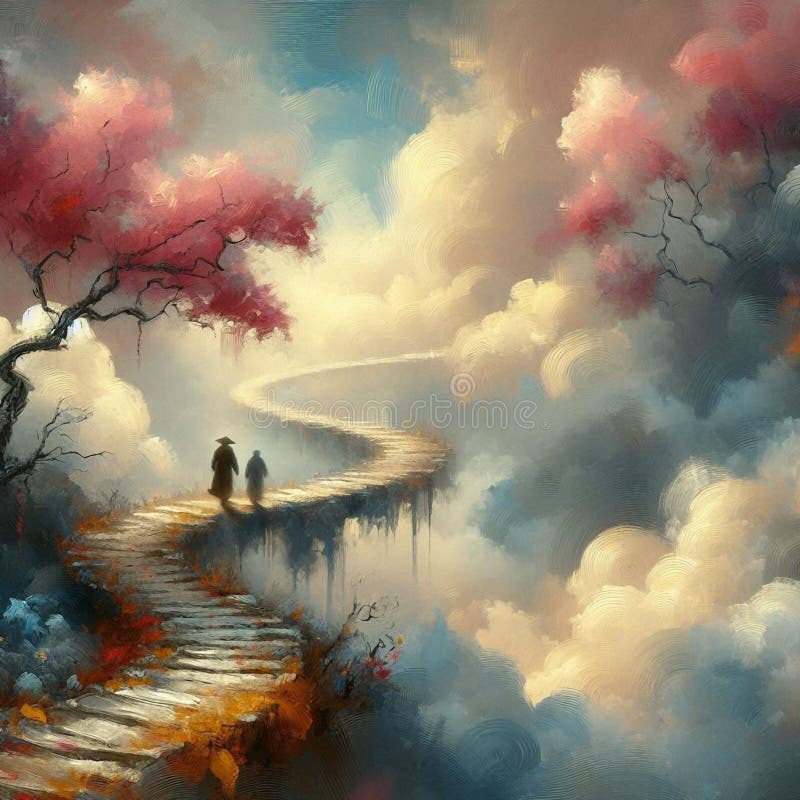 Fantasy Oil Painting of Winding Stone Path in the Clouds with Someone ...