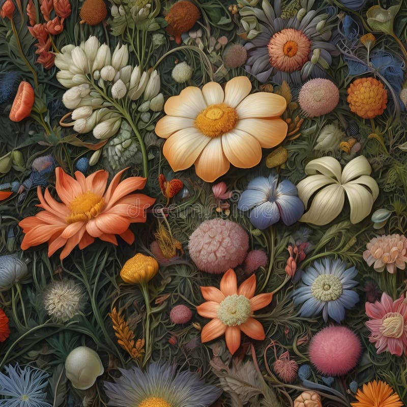 Fractal Painting of Many Different Textures and Types of Flowers. Stock ...