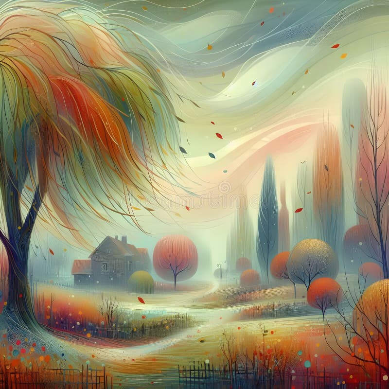 Muted Colors Whimsical Countryside Landscape with Weeping Willows and ...
