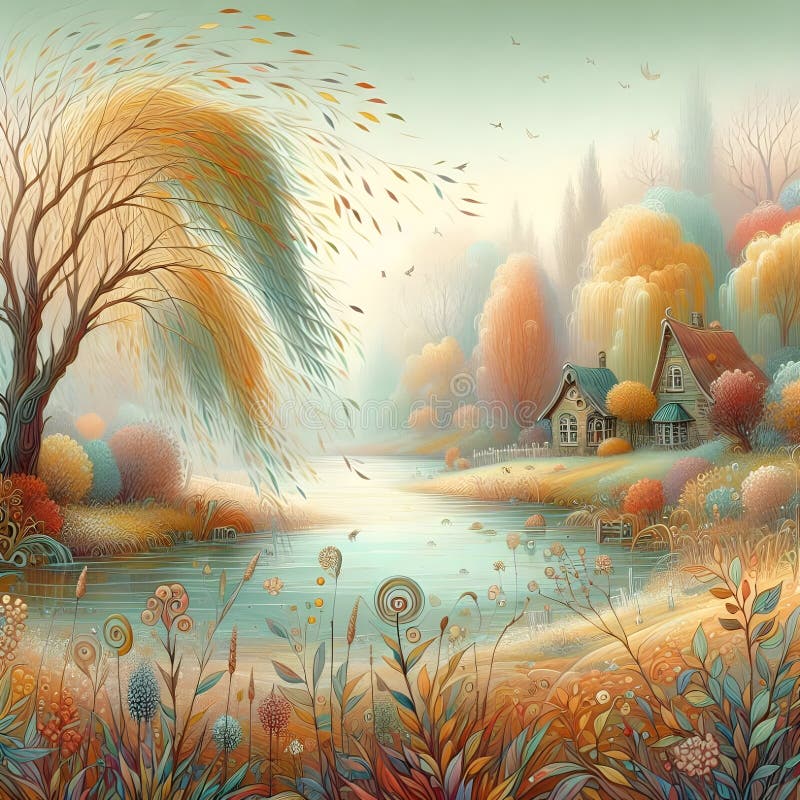 Muted Colors Whimsical Countryside Landscape with Weeping Willows and ...