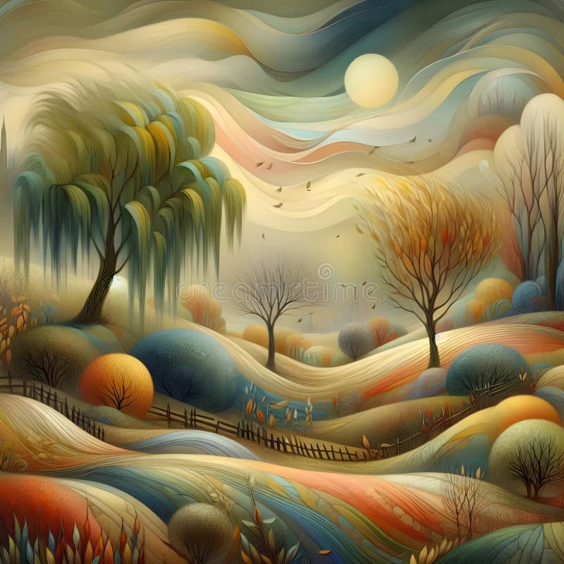 Muted Colors Whimsical Countryside Landscape with Weeping Willows and ...