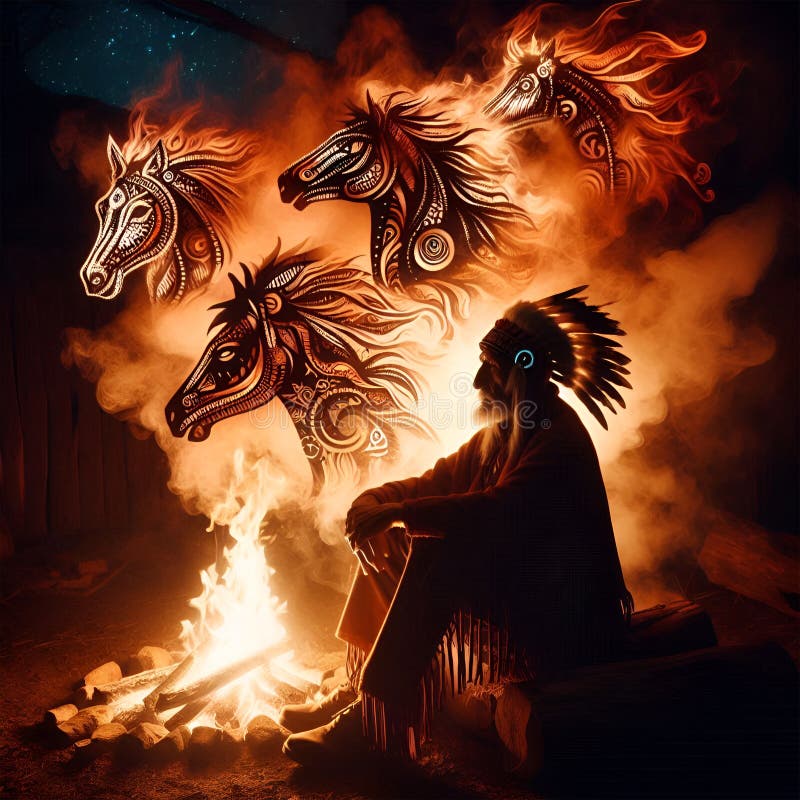 Amerian Native Woman Seated beside a Fire with a Emerging Horse Spirits ...