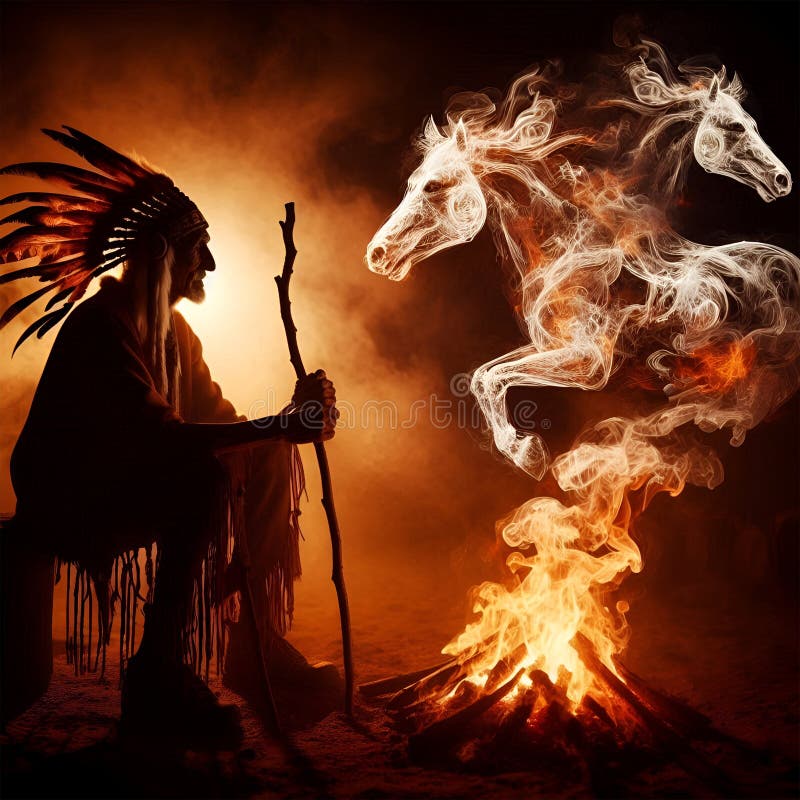 Amerian Native Woman Seated beside a Fire with a Emerging Horse Spirits ...