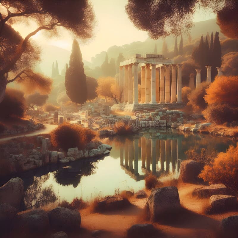 An Ancient Greek Ruins Surrounded by Trees,light Shades,muted Autumn ...