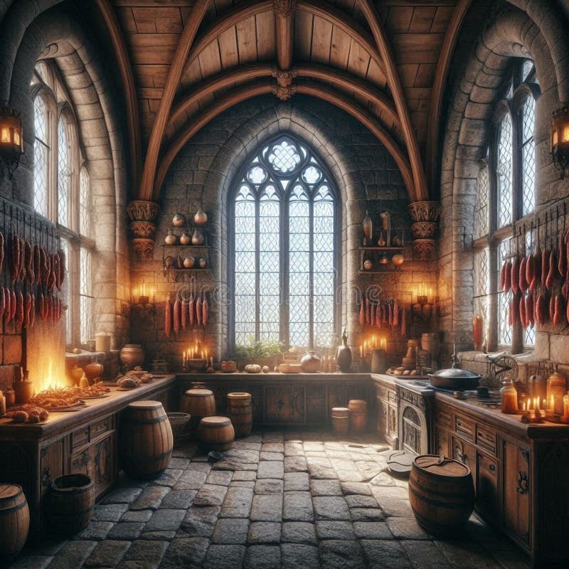 An Ancient Kitchen,with Gothic Windows,torches on the Walls,salami and ...