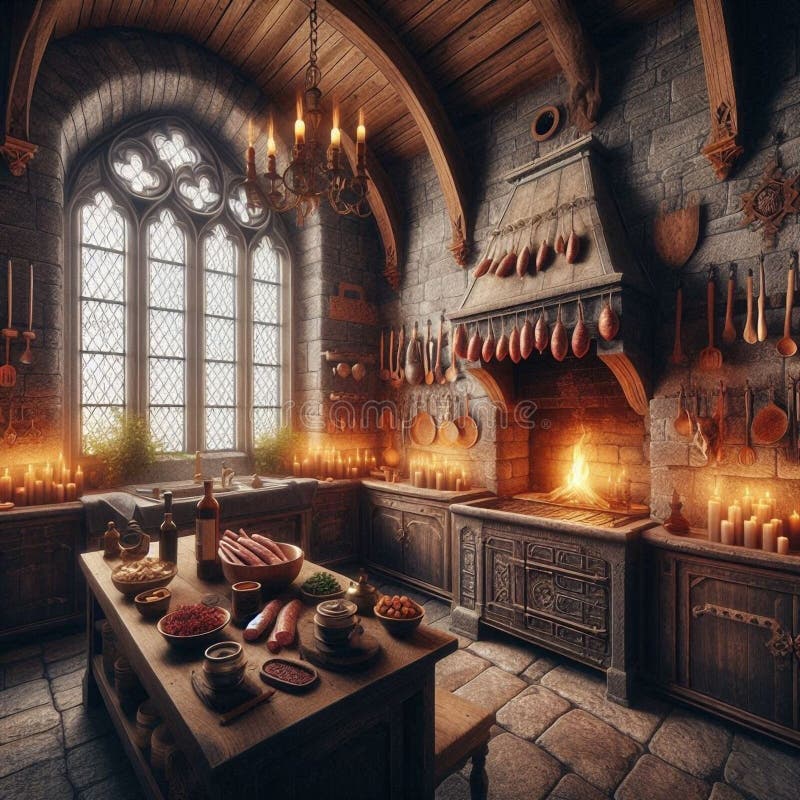 An Ancient Kitchen,with Gothic Windows,torches on the Walls,salami and ...