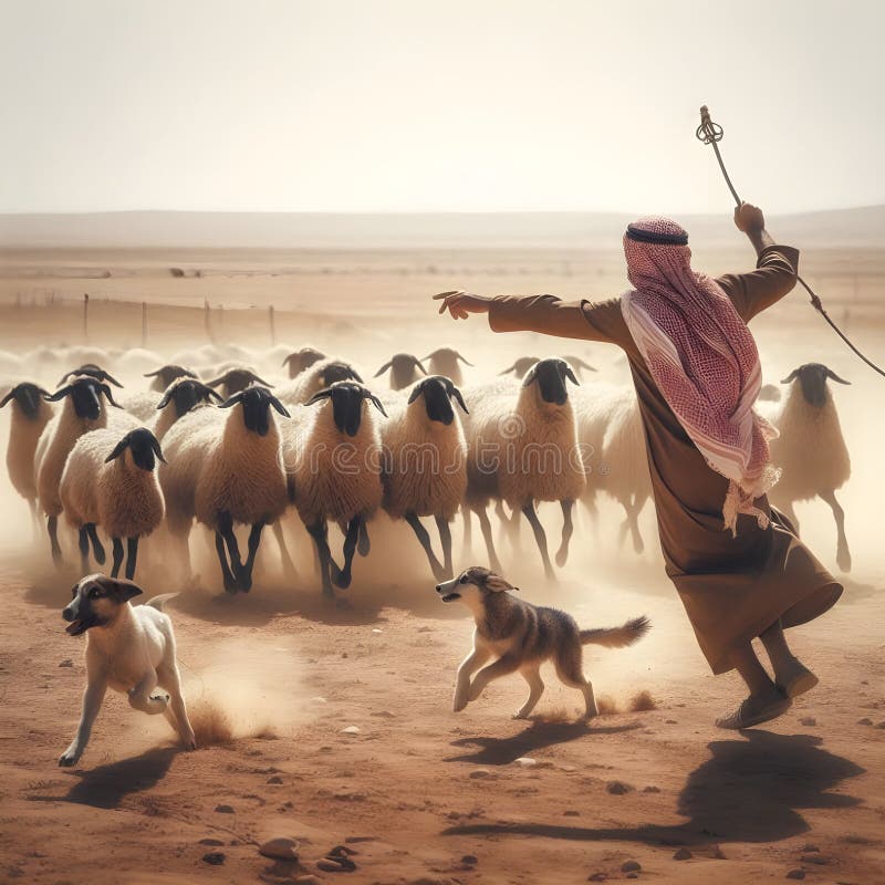 Image of Arab Shepherd Gesturing Sheep Dog Grouping Up the Sheep in ...