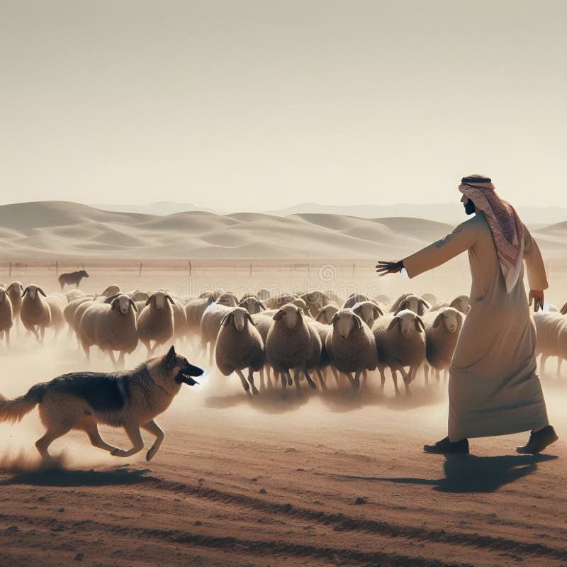 Image of Arab Shepherd Gesturing Sheep Dog Grouping Up the Sheep in ...