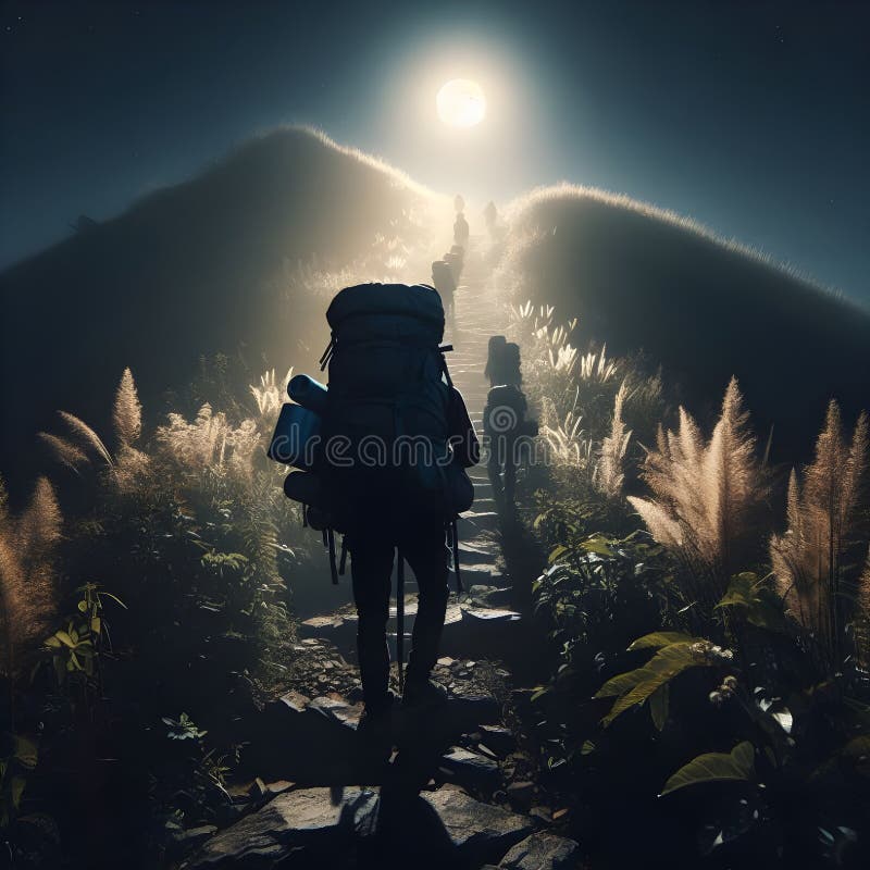 Image of Back View of a Figures in Silhouette with Backpack Hiking Up ...