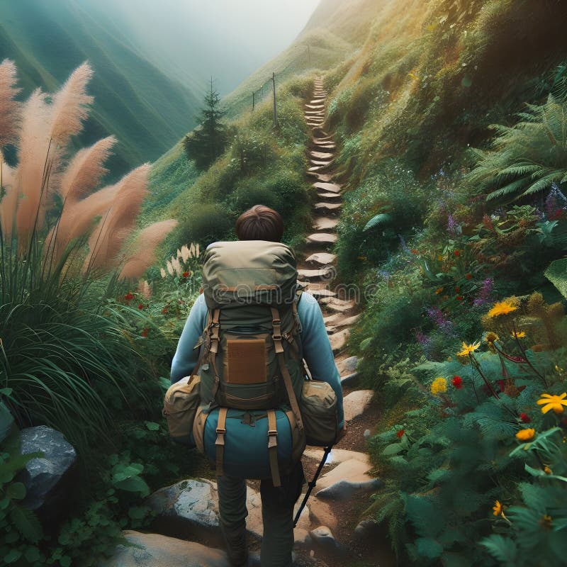 Image of Back View of a Figures in Silhouette with Backpack Hiking Up ...