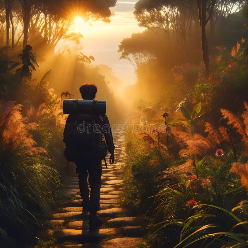 Image of Back View of a Figures in Silhouette with Backpack Hiking Up ...