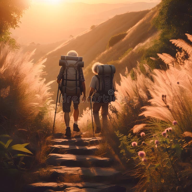 Image of Back View of a Figures in Silhouette with Backpack Hiking Up ...