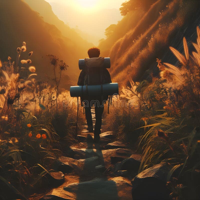 Image of Back View of a Figures in Silhouette with Backpack Hiking Up ...