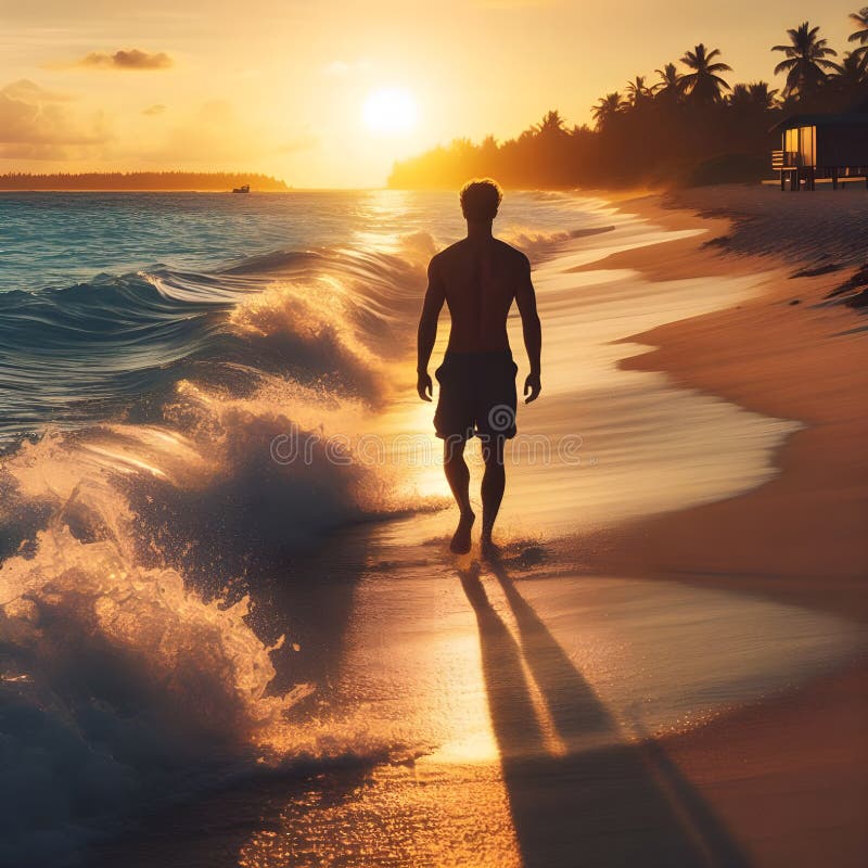 Image of a Beachcomber Walking Down a Beach at Sunset with Waves ...