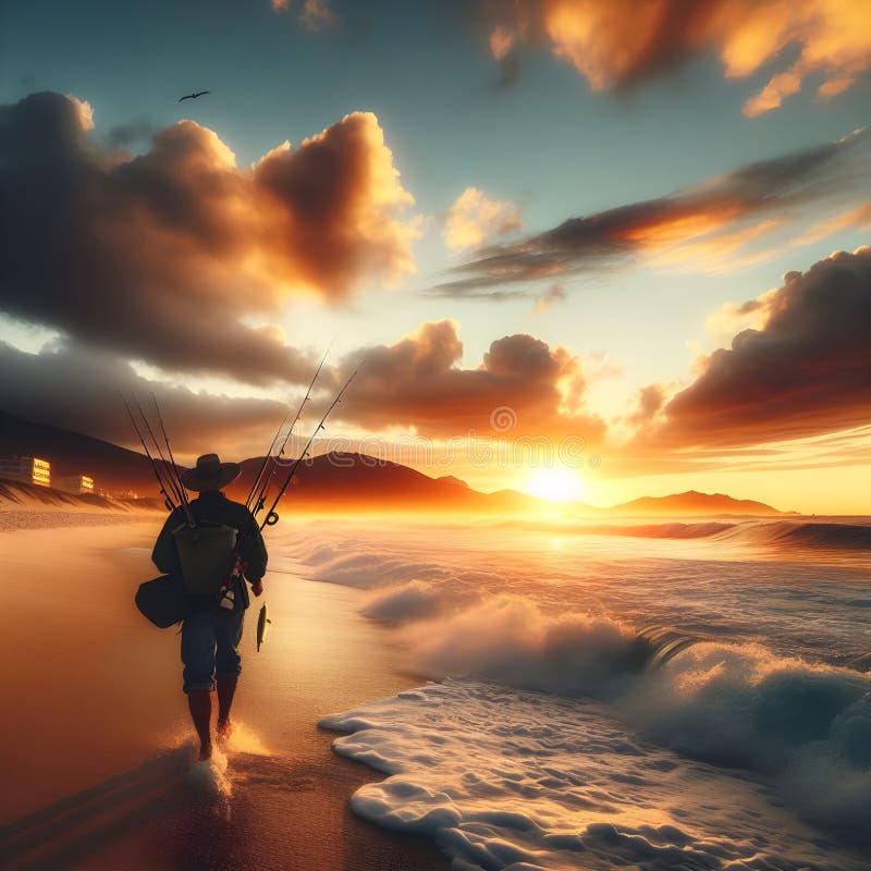 Image of a Beachcomber Walking Down a Beach at Sunset with Waves ...