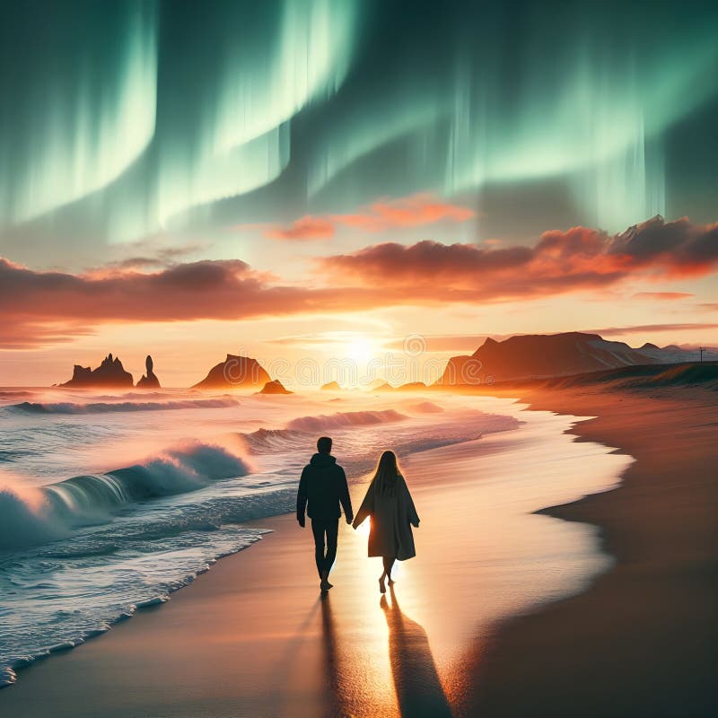 Image of a Beachcomber Walking Down a Beach at Sunset with Waves ...