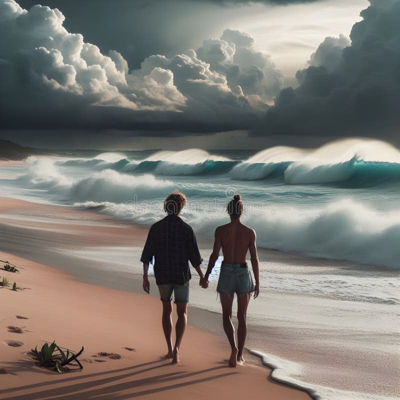 Image of a Beachcomber Walking Down a Beach at Sunset with Waves ...