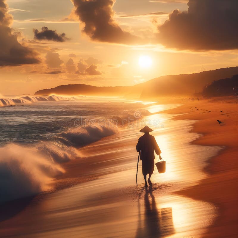 Image of a Beachcomber Walking Down a Beach at Sunset with Waves ...