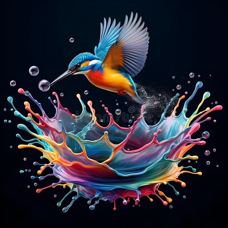 Bird Diving into a Multi-colored Water Surface Whereby Creating Complex ...