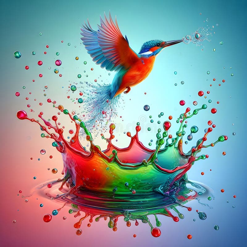 Bird Diving into a Multi-colored Water Surface Whereby Creating Complex ...