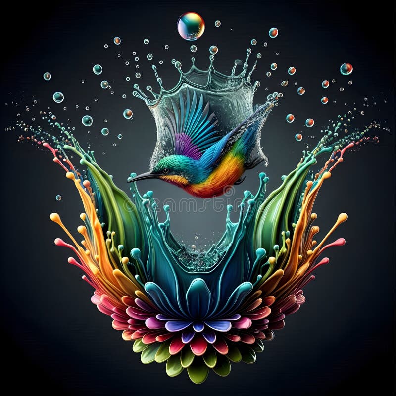 Bird Diving into a Multi-colored Water Surface Whereby Creating Complex ...