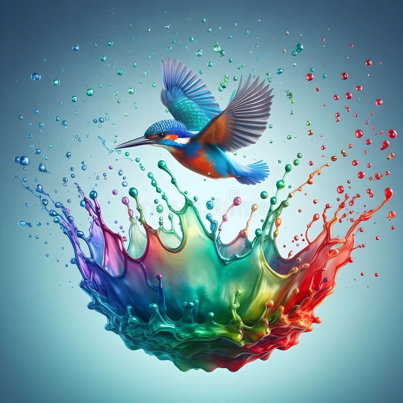 Bird Diving into a Multi-colored Water Surface Whereby Creating Complex ...